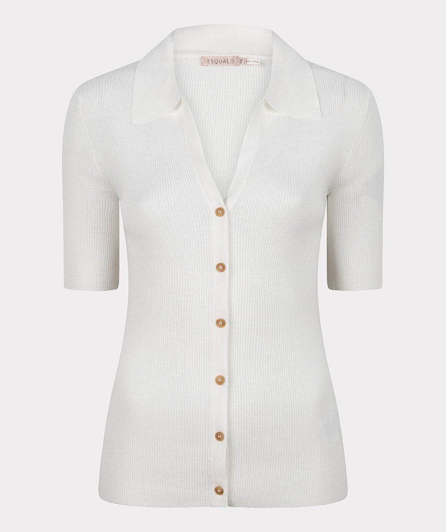 Rib Buttoned Polo Collar Top - Off White