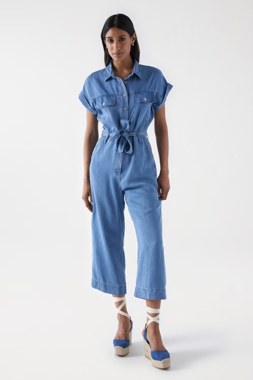 Cropped Denim Jumpsuit - Blue
