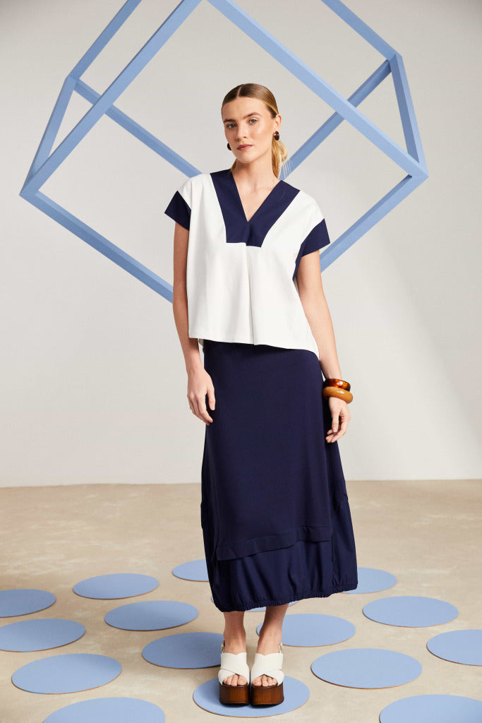 Contrast Bands Square Shape Top - French Blue/white