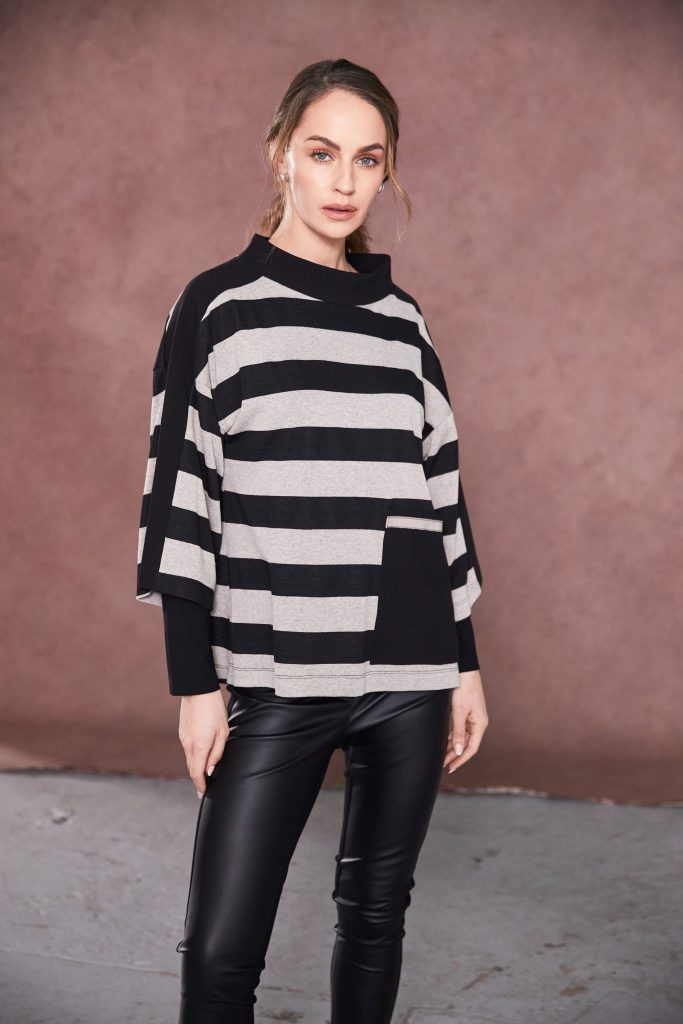Contrast Sections High Neck Top - Black/taupe