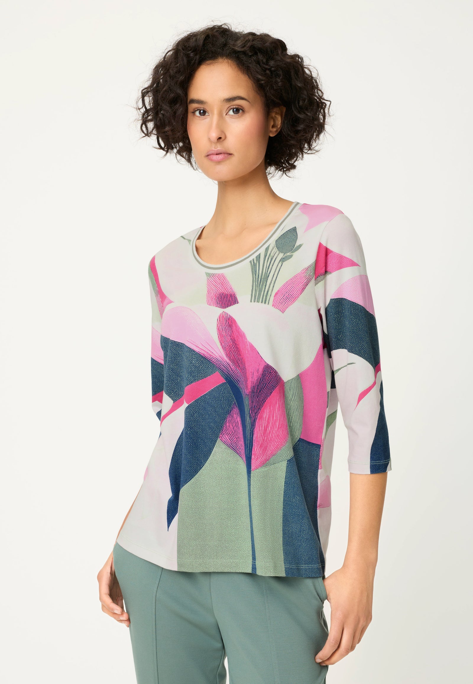 Spring Garden Print 3/4 Sleeve Tee - Electric Fuchsia