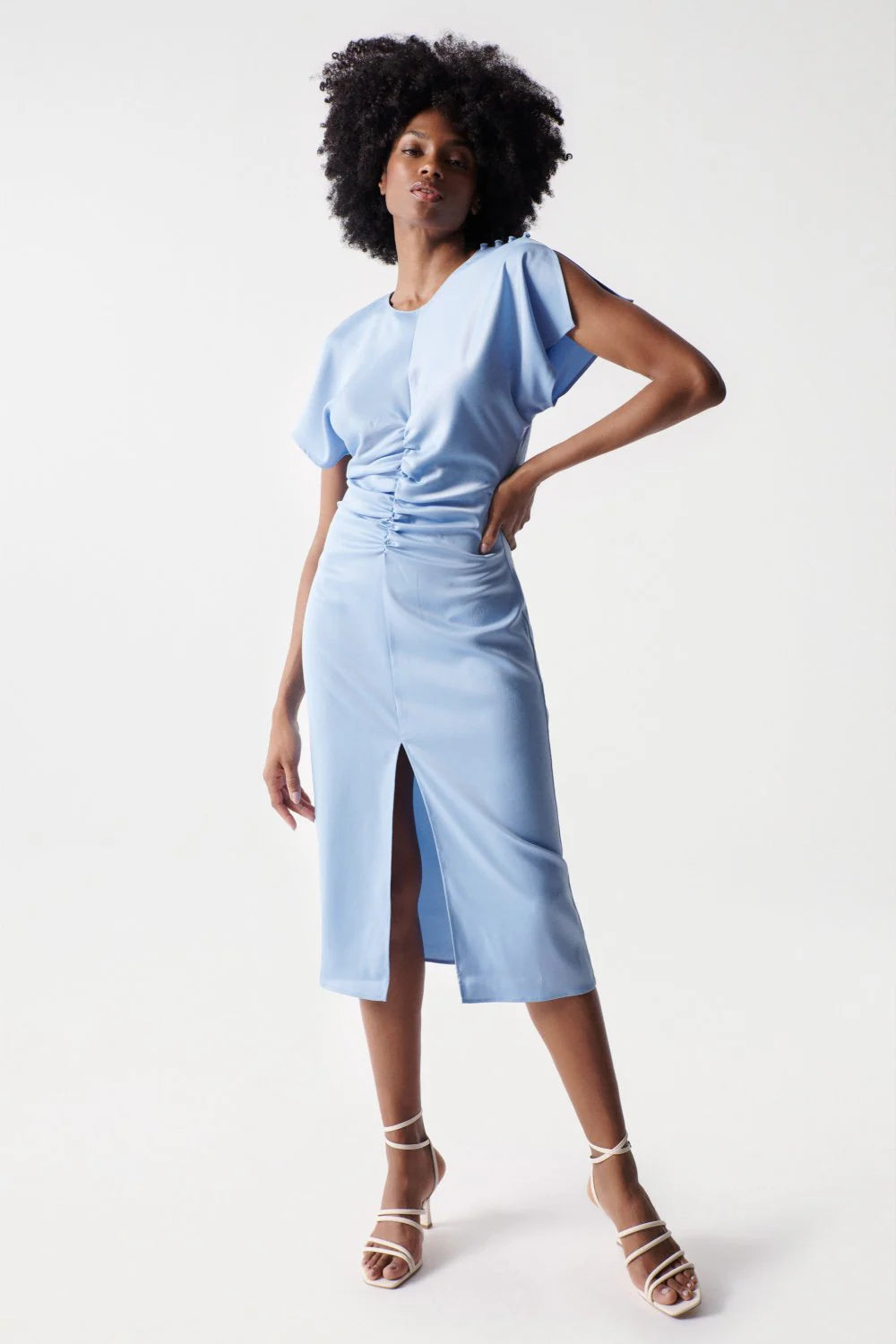 Ruched Effect Midi Dress - Blue