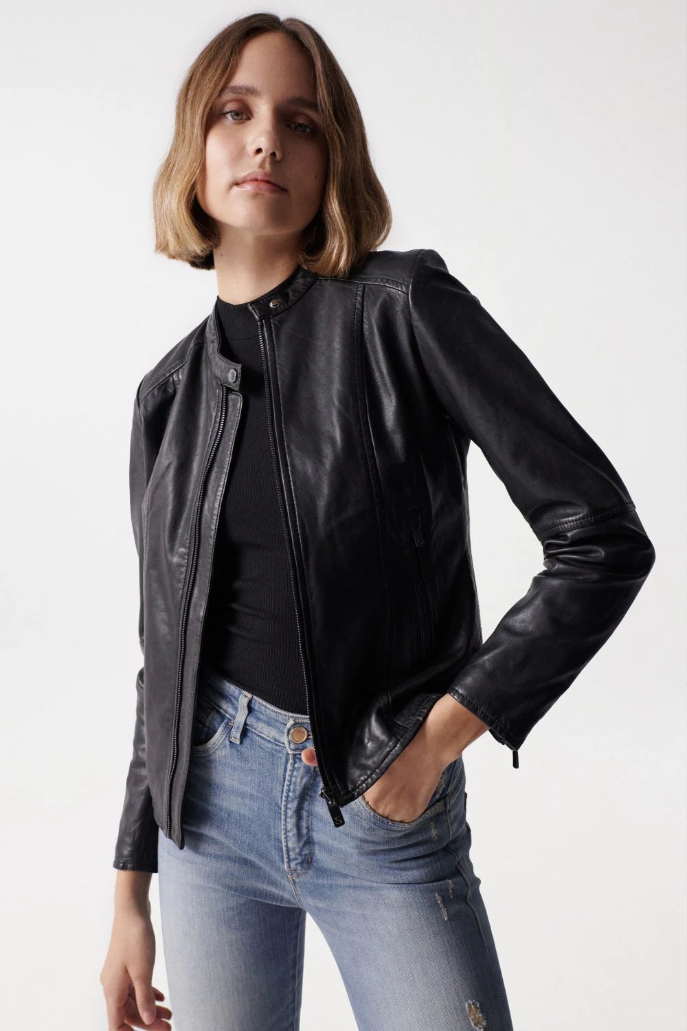 Round Neck Leather Jacket - Black
