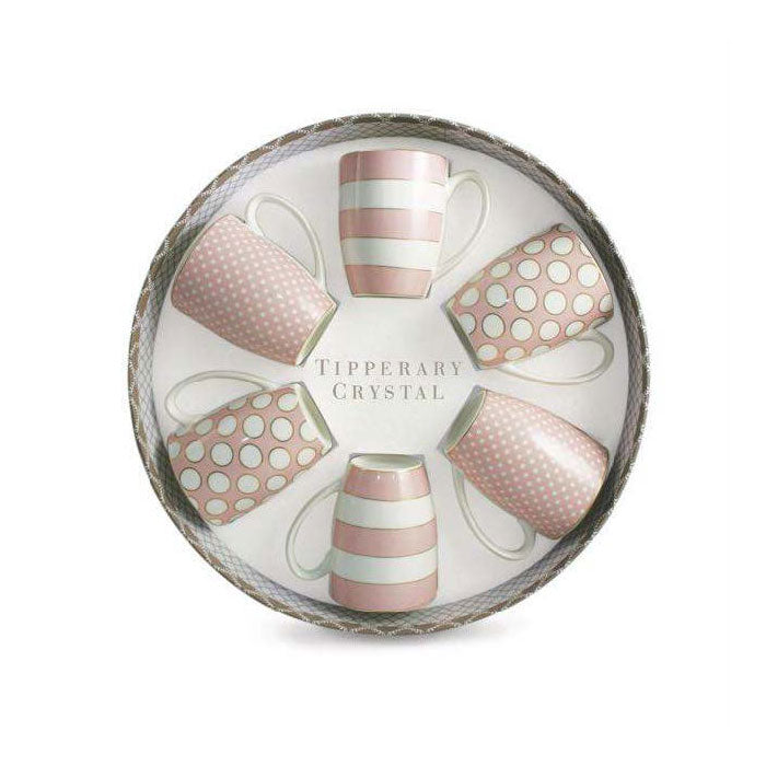 Hat Box Set of 6 Mugs - Spots & Stripes Pink